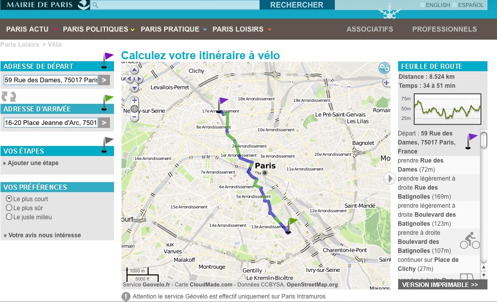 Itinéraire à Vélo à Paris